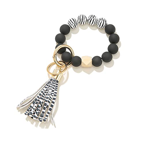 Key Chains Bracelet with Tassel, Beaded Car Key Ring Wristlet, Silicone Beaded Bangle Chains, Cute Gifts for Women and Girls (Black/Zebra)