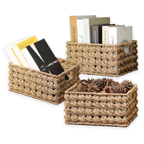 Ellinia Handmade Woven Seagrass Wicker 11.8 x 8.85 x 6.1 Inch Basket for Storage - Bar, Hotel, Pantry, Restaurant, Table Organizer, Bohemian Style, 3-Pack, Natural Seagrass Color