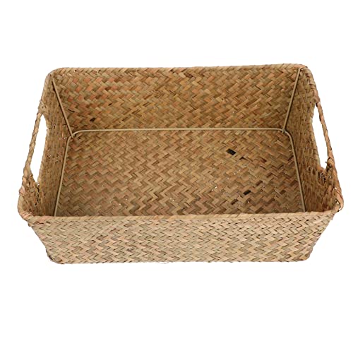 DOITOOL Large Woven Basket for Storage Natural Wicker Basket for Organizing, Wicker Storage Basket with Handle for Pantry, Hand Woven Basket for Bedroom, Living, Shelves, Beige, 33X23X11CM