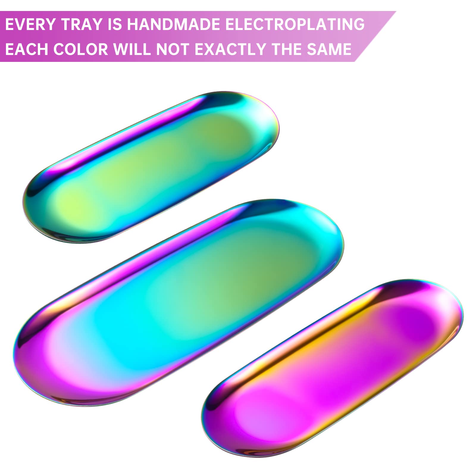 2 Pieces Rainbow Color Oval Stainless Steel Tray, Coffee Table Tray, Tray for Jewelry and Cosmetics, Candle Tray, Mini Candy Tray