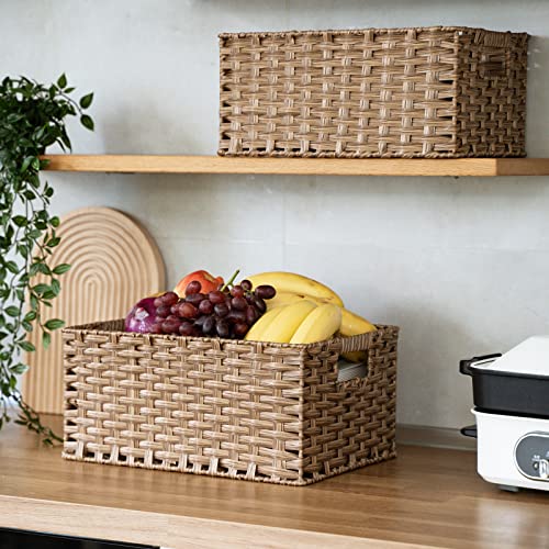 ROSOS Wicker Baskets 2 Pack, Wicker Storage Basket with Handles, Large Wicker Baskets for Storage, Waterproof Wicker Baskets for Organizing, Large Storage Baskets Wicker 15" and Medium 14", Brown