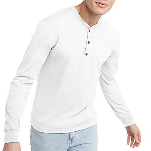 Hanes Comfortblend Originals T-Shirt, Long Sleeve Cotton Henley Tees for Men, White, X Large