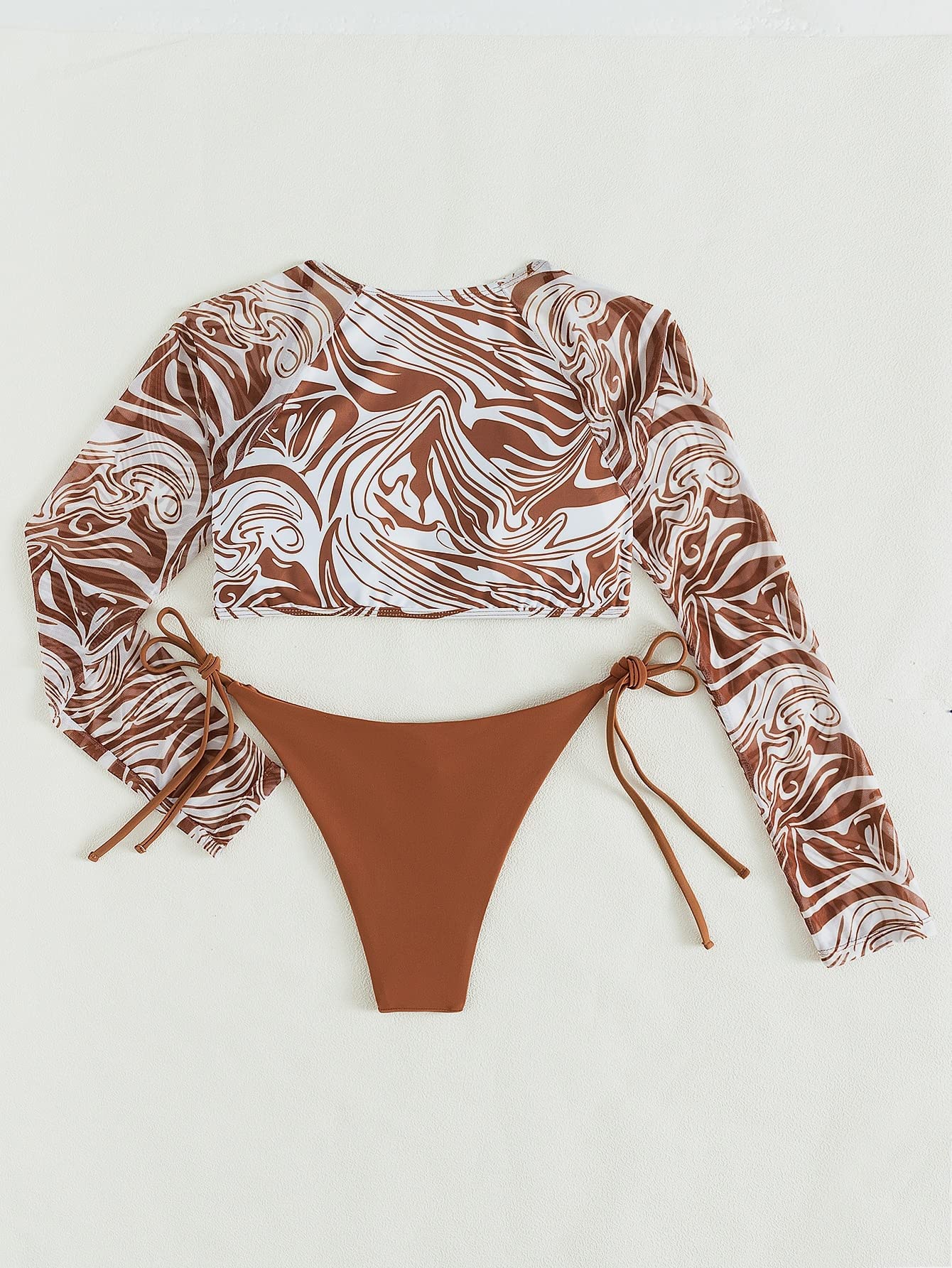 MakeMeChic Women's Two Piece Swimsuit Printed Long Sleeve Bikini Top Swimwear Bathing Suit A Coffee Brown L