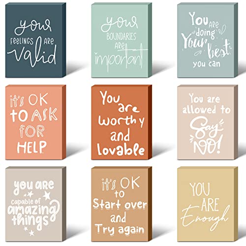 9 Pcs Mental Health Reminders Table Decor Wooden Sign Positive Psychology Affirmations Feelings Shelf Decors Inspirational Mental Health Tips Mini Decors for Home Counseling Office Students Classroom