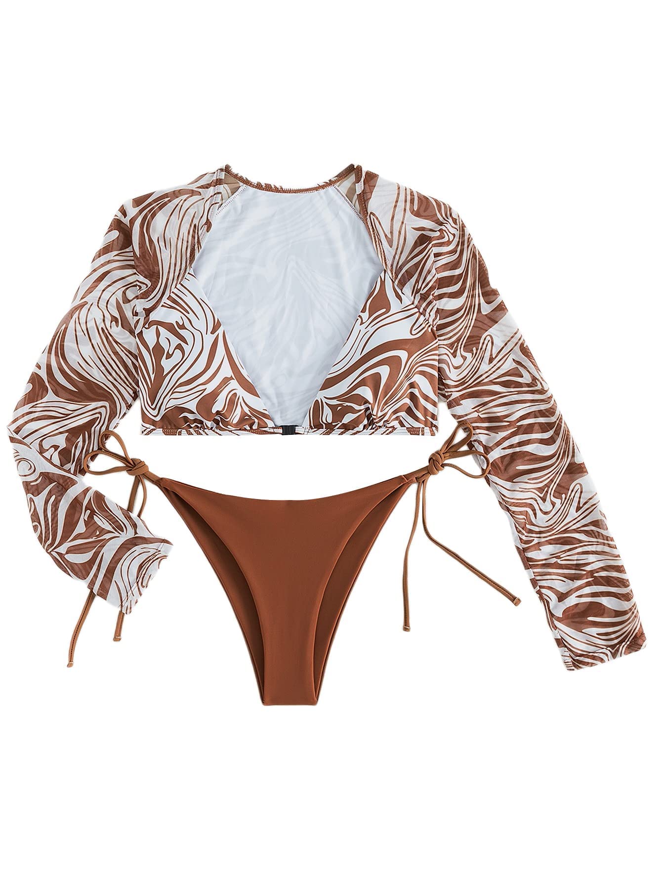 MakeMeChic Women's Two Piece Swimsuit Printed Long Sleeve Bikini Top Swimwear Bathing Suit A Coffee Brown L