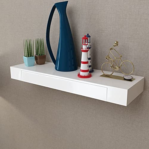 loibinfen 1pcs MDF Floating Wall Display Shelf with Storage Drawer Wall Mounted Book DVD Storage Shelf for Living Room Home Office 31.5"x9.8"x3.15", White
