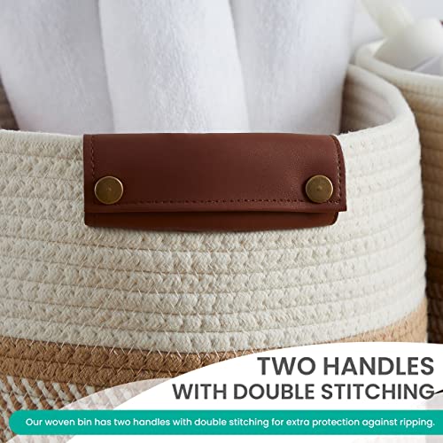 Organizix 3 Pack Woven Cotton Rope Shelf Storage Basket with Leather Handles, Baby Nursery Storage Bin Organizers, Closet Shelf Storage - 15 x 10 x 9, White/Brown