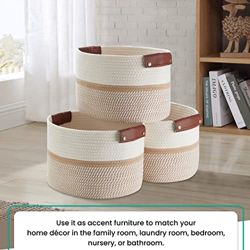 Organizix 3 Pack Woven Cotton Rope Shelf Storage Basket with Leather Handles, Baby Nursery Storage Bin Organizers, Closet Shelf Storage - 15 x 10 x 9, White/Brown