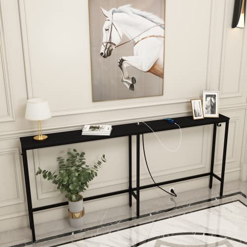 LEOMONIO 7.9" Narrow Sofa Table with Outlet, 70.9" Long Console Table Behind Couch, Skinny Table with Detachable Hooks and Charging Station for Entryway, Hallway, Living Room, Metal Frame & Black Wood