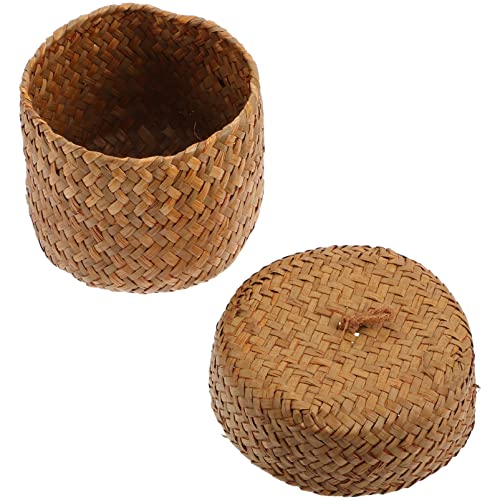 DOITOOL Mini Round Seagrass Basket with Lid, Hand Woven Basket for Gifts Empty Decorative Wicker Storage Basket with Lids for Organizing, Tabletop Decorative Flower Storage Basket ( Yellow, 12x9cm )
