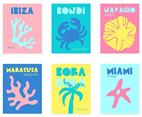 Preppy Wall Art Prints Set of 6 Abstract Beach Travel Destination for Home Decor (8" x 10" Unframed on Premium Fine Art Matte Paper), Minimalist Matisse Style