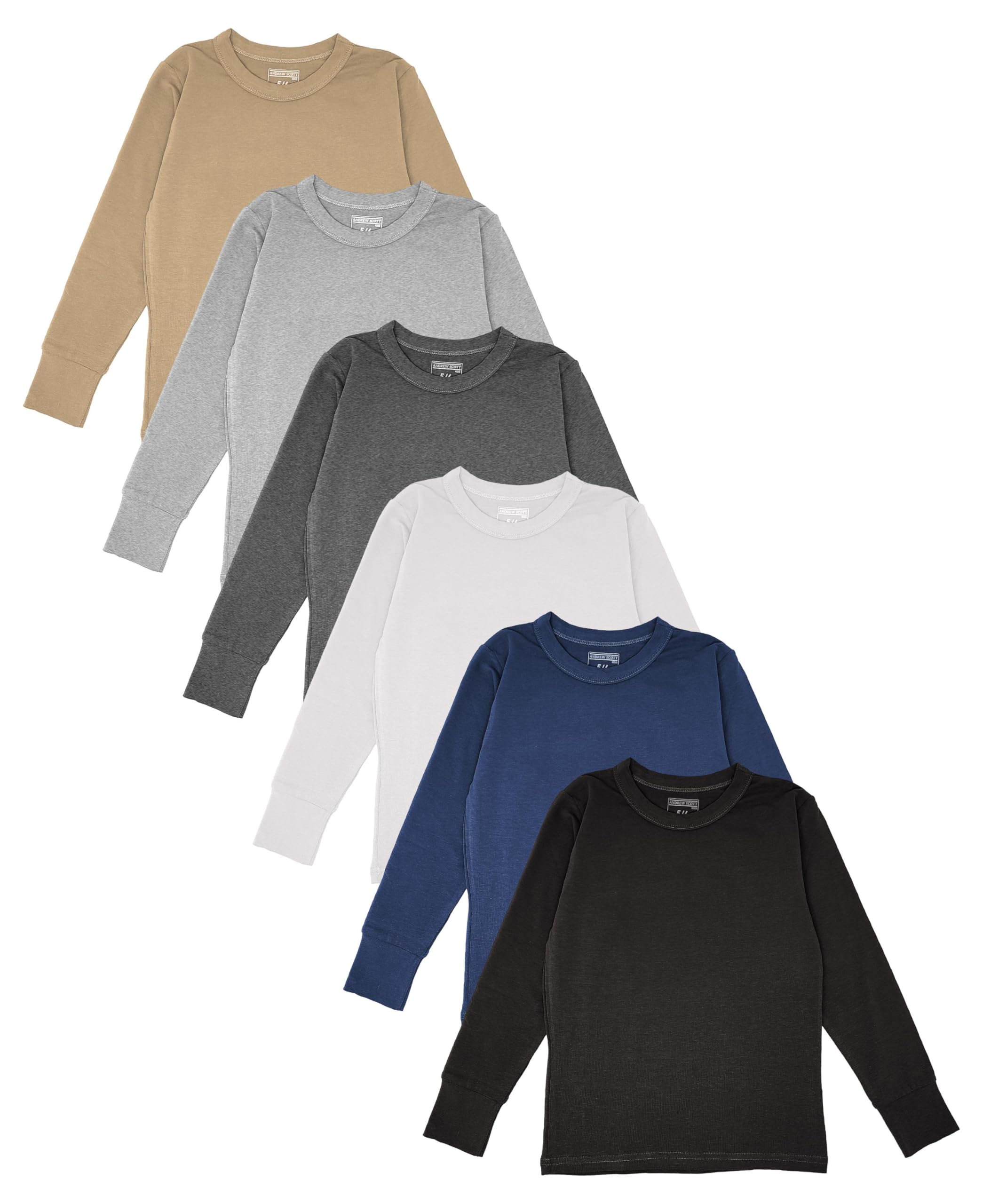 Girls/Boys/Toddler 6 Pack Athletic Performance Long Sleeve Undershirt Tops/Base Layer Cotton Stretch Shirts (6 Pack- Black/Khaki/White/Grey/Navy/Charcoal, 7-8)