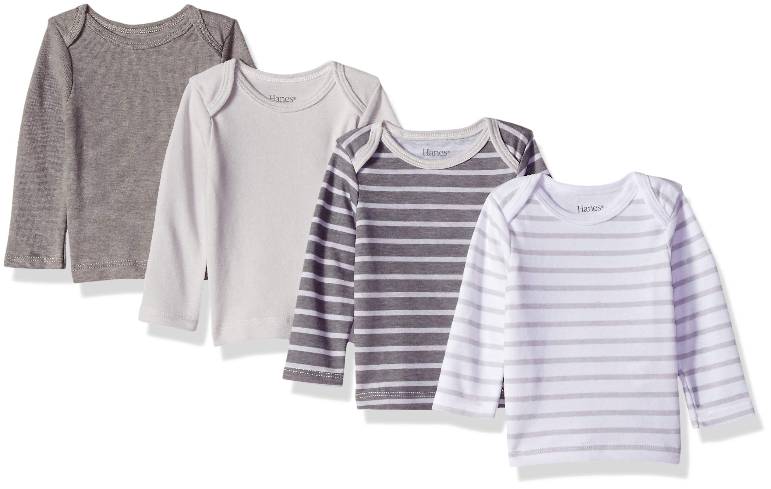 Hanes Kids Long-Sleeve Undershirt, Flexy Soft Knit Expandable Shoulder Pullover for Babies & Toddlers, 4-Pack, Grey/White/Stripes, 18-24 Months