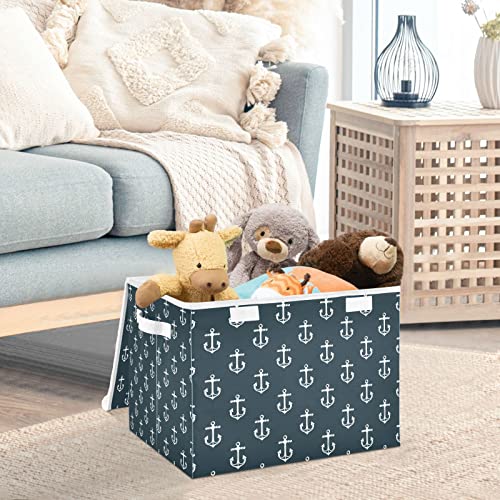 Kigai Storage Basket Blue Sea Anchor Nautical Storage Boxes with Lids and Handle, Large Storage Cube Bin Collapsible for Shelves Closet Bedroom Living Room, 16.5x12.6x11.8 In