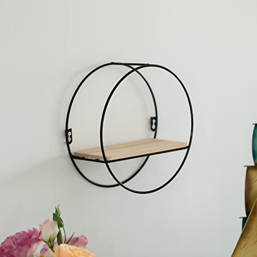 Decorative Modern Round Accent Floating Shelf Circle Decor Display Wall Mounted Rack with Metal Frame and Pine Wood Shelf, Black