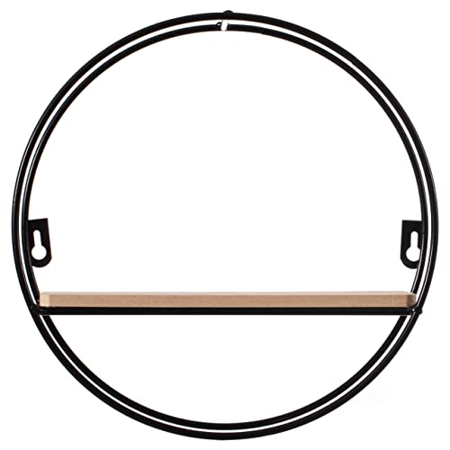 Decorative Modern Round Accent Floating Shelf Circle Decor Display Wall Mounted Rack with Metal Frame and Pine Wood Shelf, Black