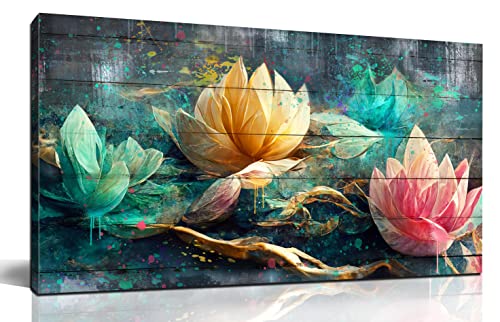 Flower Canvas Wall Art for Living Room, Teal Wall Decor for Bedroom Vintage Lotus Painting Art Stretched and Framed Ready to Hang Floral Retro Prints Artwork for Home Aesthetic Decoration Size 40"x20"