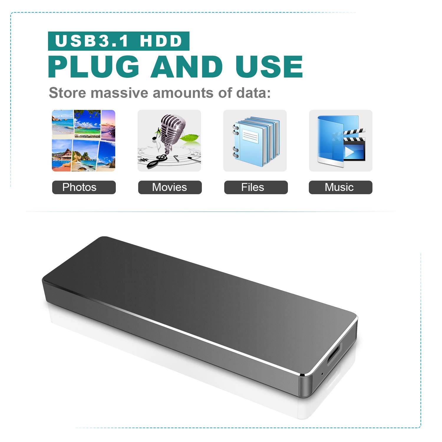 External Hard Drive 2TB Type C USB3.1 for PC, Mac, Desktop Computer Wii U, Xbox (2to, Black)
