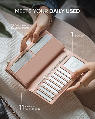 Vulkitty Wallet for Women Large Capacity Leather Purse RFID Blocking Credit Card Organizer with Zipper Pocket(Rose)