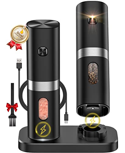 Electric Salt and Pepper Grinder Set, COSYAIREY 𝟮𝟬𝟮𝟯 𝙉𝙚𝙬 Rechargeable Salt and Pepper Mill with Charging Base, White LED Light, One Hand Automatic Operation, Adjustable Coarseness, Black, 2Pack