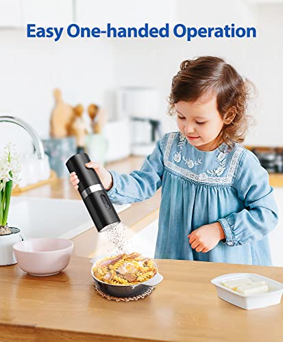 Electric Salt and Pepper Grinder Set, COSYAIREY 𝟮𝟬𝟮𝟯 𝙉𝙚𝙬 Rechargeable Salt and Pepper Mill with Charging Base, White LED Light, One Hand Automatic Operation, Adjustable Coarseness, Black, 2Pack