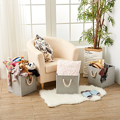 EZOWare Set of 7 Foldable Fabric Storage Cube Bins with Cotton Rope Handle, Collapsible Resistant Basket Box Organizer for Shelves Closet Toys and More – Gray