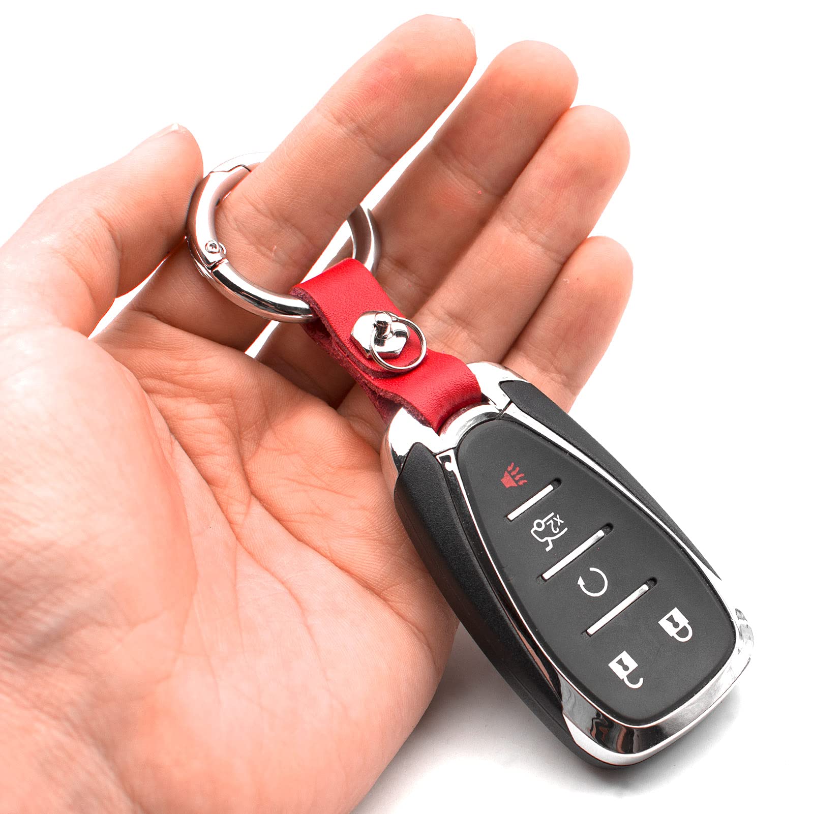 INFIPAR Circle Carabiner Keychain Clip Quick-Release Spring Ring & Anti-lost Ring Attach Leather Key Chain, No Screwdriver Required, 1 Pack, Red - Newest Version