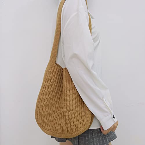 Aesthetic Hobo bag for women Knitted Messenger Bag Large Capacity Tote Bag Cute Crochet Shoulder Bag Fairycore Handbag (Tan)