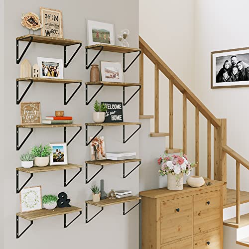 Wallniture Ponza Floating Shelves for Wall, 17"x8" Bookshelf for Large Books, Storage Shelves for Office, Hallway Living Room Decor, Set of 10, Burnt