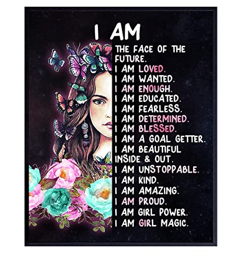 Teen Girls Bedroom Wall Art - Positive Quotes - I Am Tween Little Girls Bedroom Decor - Cute Daughter Gifts - Inspirational Sayings for Wall Decor - Positive Affirmations Wall Decor Poster 8X10