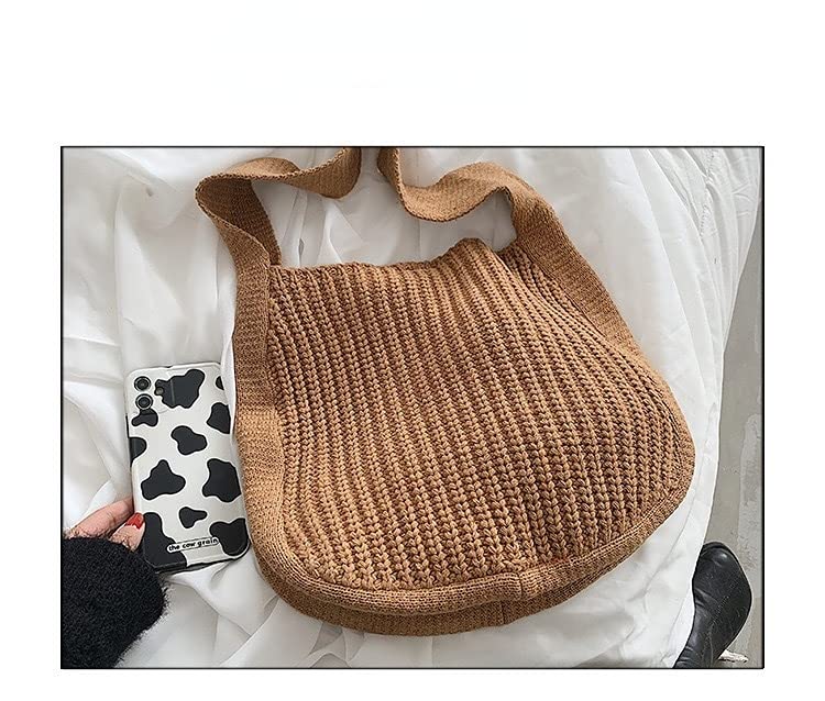 Aesthetic Hobo bag for women Knitted Messenger Bag Large Capacity Tote Bag Cute Crochet Shoulder Bag Fairycore Handbag (Tan)