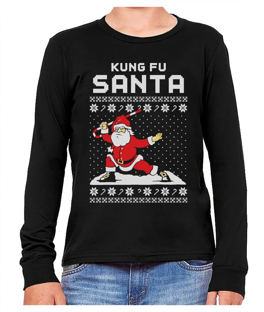 Kungfu Santa Claus Funny Youth Kids Ugly Christmas Shirt Tacky Sweater Style Xmas Holiday Long Sleeve T-Shirt Medium Black