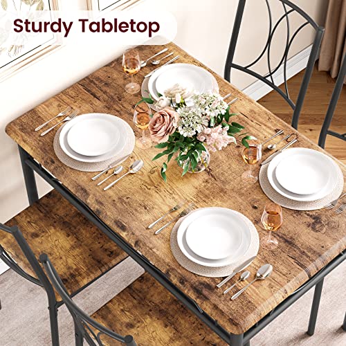 IDEALHOUSE Kitchen Table Set for 4, Dining Table and Chairs, Rectangular Dining Room Table Set with 4 Metal and Wood Chairs, 5 Piece Dining Table Set for Small Space, Apartment, Rustic Brown