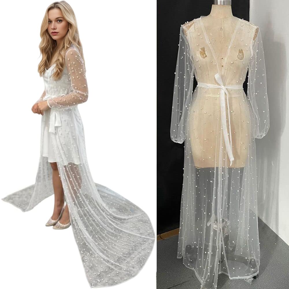 Pearl Long Sleeve Wedding Jacket Tulle Party Shawl BOLERO Floor-Length Bridal Cape Sexy pearl robe(white,M)