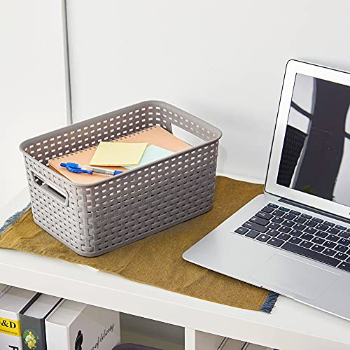 EZOWare Set of 8 Small Gray Plastic Woven Knit Baskets, Storage Organizer Bins Boxes For Office, Classroom, Desktop, Drawer and More