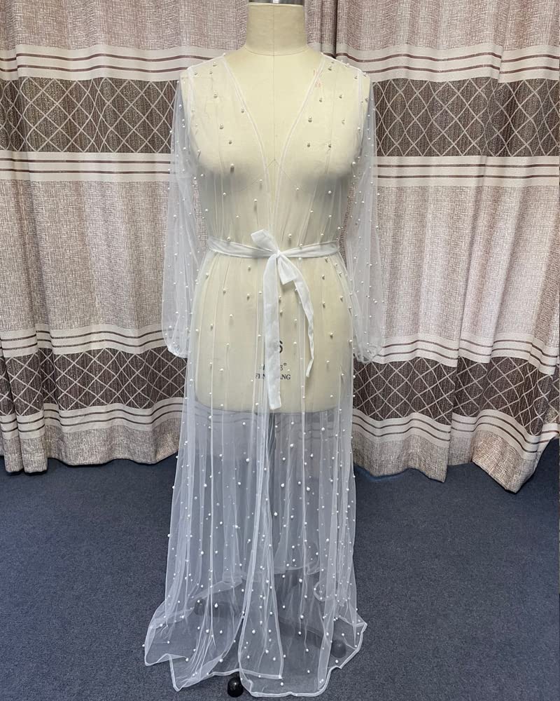 Pearl Long Sleeve Wedding Jacket Tulle Party Shawl BOLERO Floor-Length Bridal Cape Sexy pearl robe(white,M)