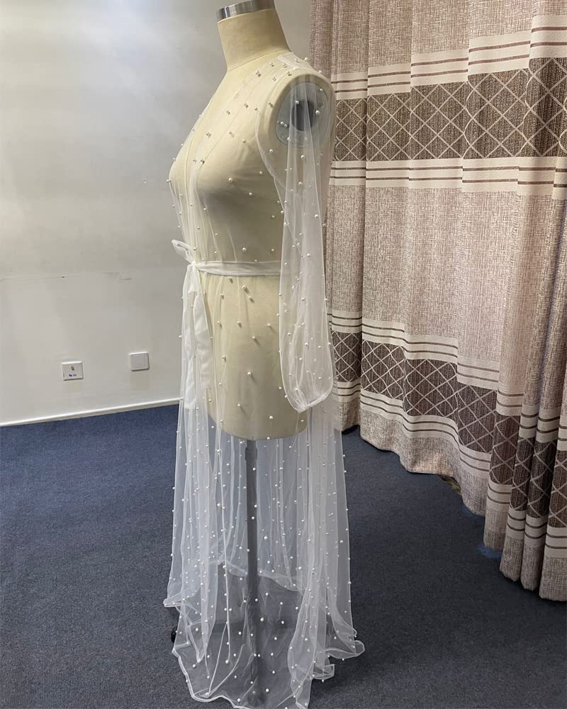 Pearl Long Sleeve Wedding Jacket Tulle Party Shawl BOLERO Floor-Length Bridal Cape Sexy pearl robe(white,M)