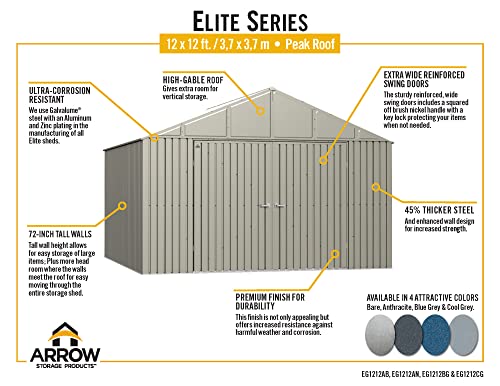 Arrow Shed Elite 12' x 12' Outdoor Lockable Gable Roof Steel Storage Shed Building, Blue Grey