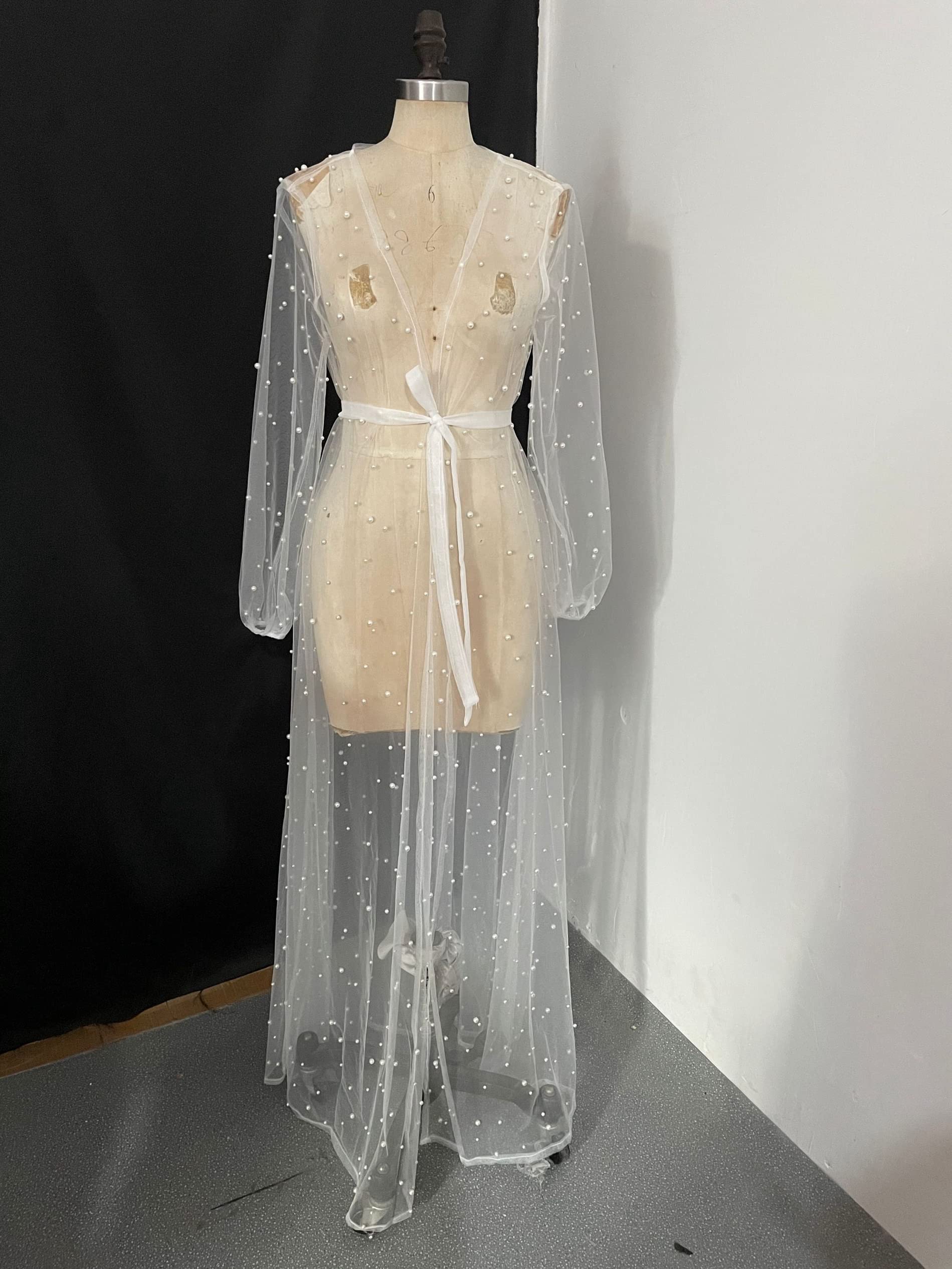 Pearl Long Sleeve Wedding Jacket Tulle Party Shawl BOLERO Floor-Length Bridal Cape Sexy pearl robe(white,M)