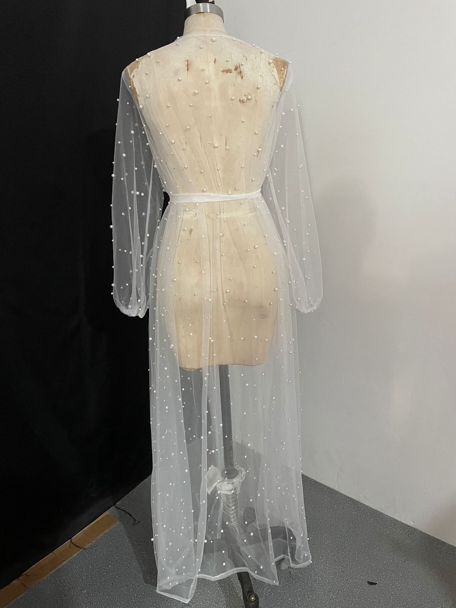 Pearl Long Sleeve Wedding Jacket Tulle Party Shawl BOLERO Floor-Length Bridal Cape Sexy pearl robe(white,M)