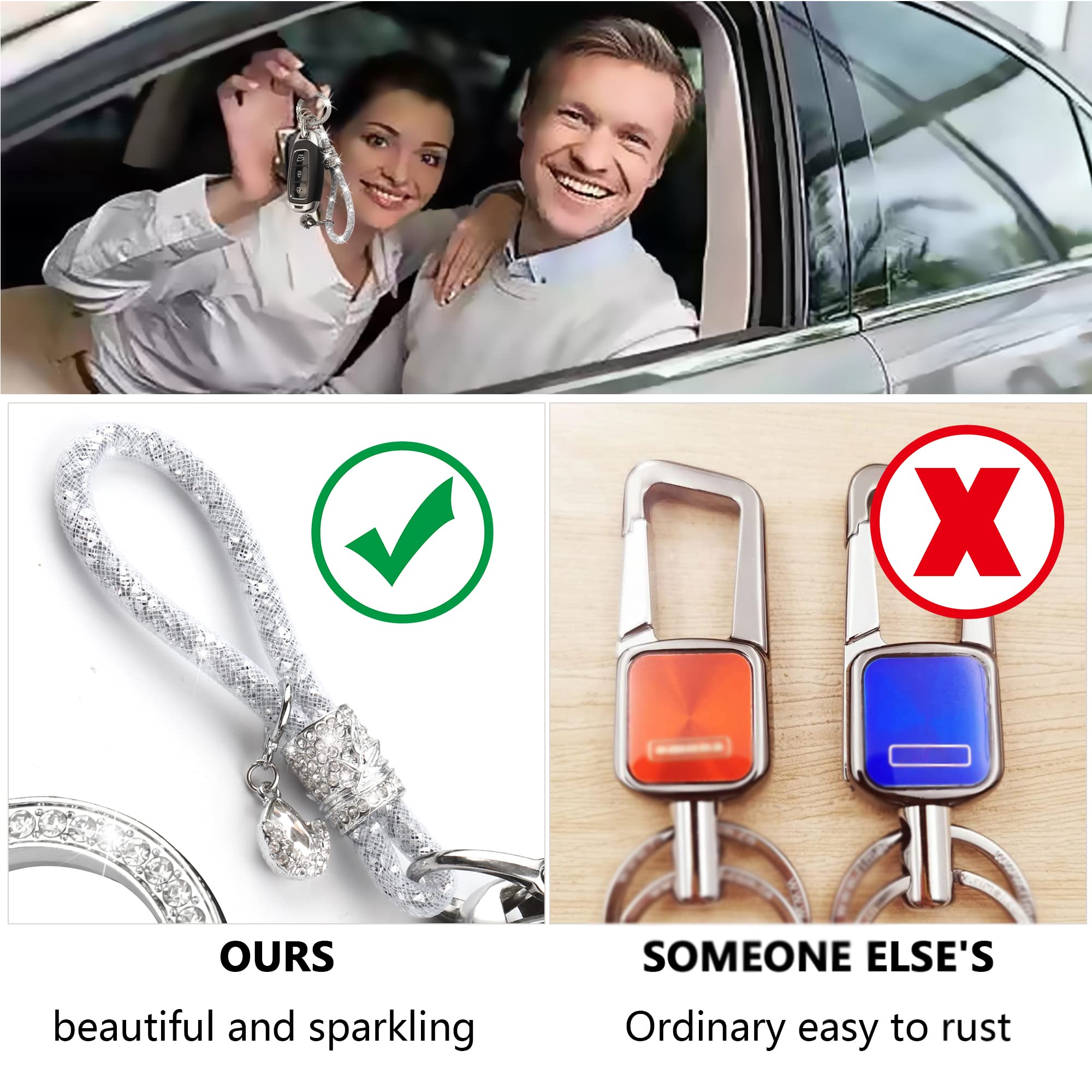 Fehlot Car Keychain for Women,Keychain Accessories With Bling Rhinestones,Car Key Chains Fashionable Glitter Key Ring (Bling key -White and Red)