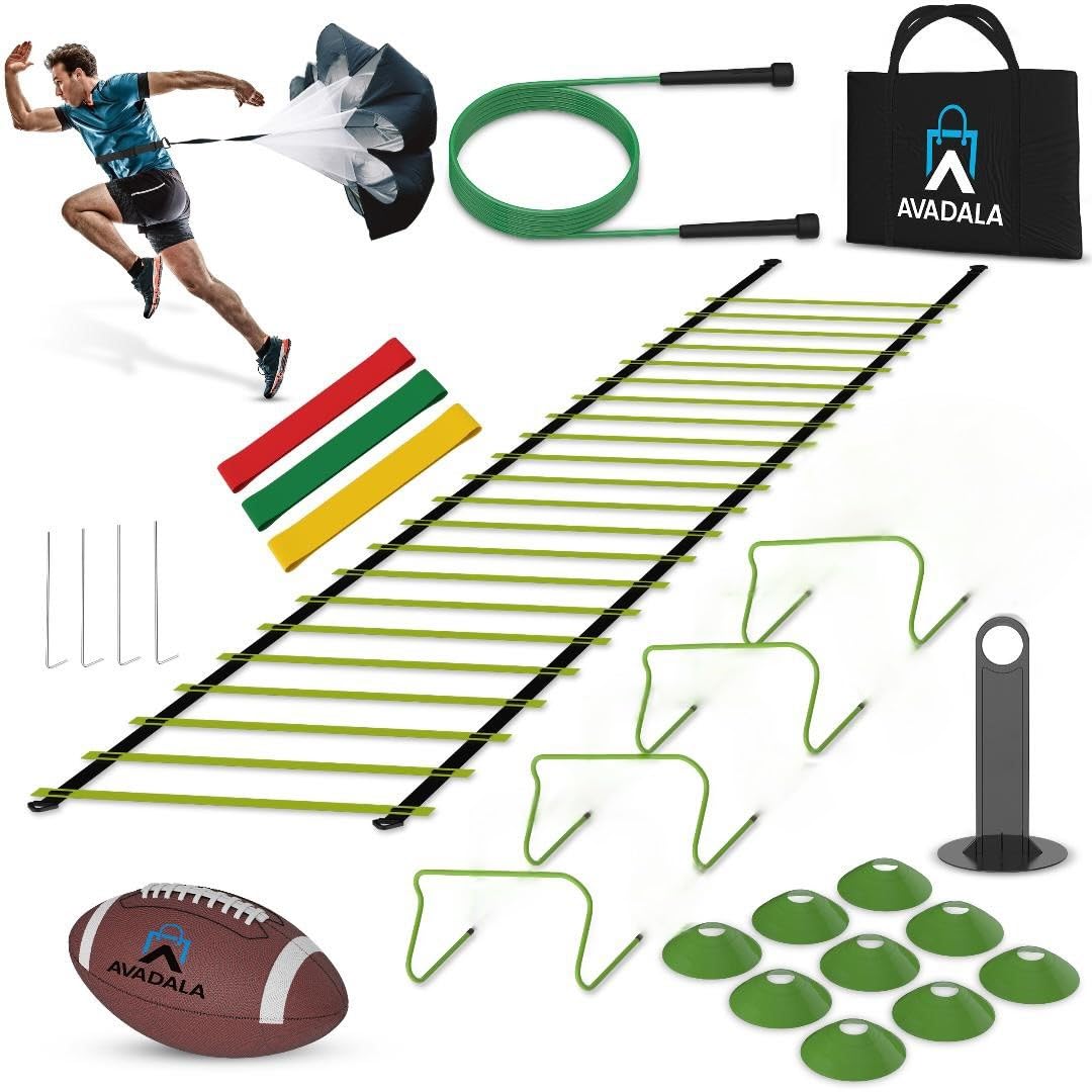 Speed & Agility Training Equipment - 22 Piece Set - Complete Football Practice Equipment Kit - Ladder, Hurdles, Cones, Parachute, Bands, Rope, and Carry Bag - Soccer & Football Drill Equipment