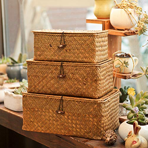 BESPORTBLE Storage Basket Basket with Lid, Seaweed Handwoven Woven Storage Box Desktop Sundries Storage Rattan Basket with Buttons 1Pc - Size S Baskets