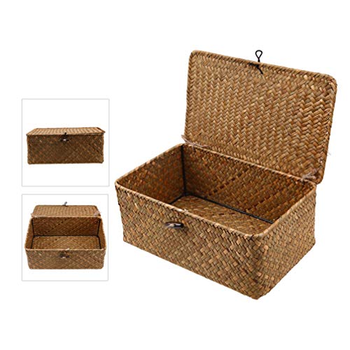 BESPORTBLE Storage Basket Basket with Lid, Seaweed Handwoven Woven Storage Box Desktop Sundries Storage Rattan Basket with Buttons 1Pc - Size S Baskets