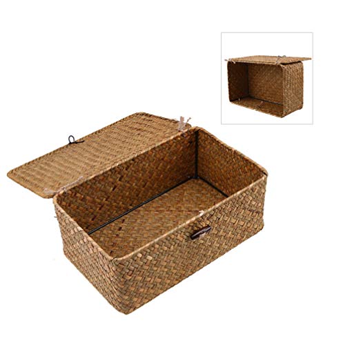 BESPORTBLE Storage Basket Basket with Lid, Seaweed Handwoven Woven Storage Box Desktop Sundries Storage Rattan Basket with Buttons 1Pc - Size S Baskets