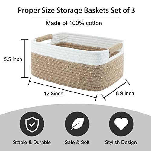 OIAHOMY 12.8x9x5.5in Woven Baskets for Storage, Storage Baskets for Shelves, Cotton Rope basket set of 3, Decorative Storage Baskets, Rectangle Basket With Handles, Brown and White