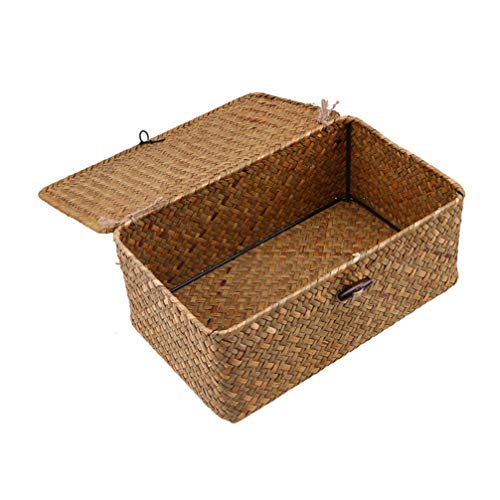 BESPORTBLE Storage Basket Basket with Lid, Seaweed Handwoven Woven Storage Box Desktop Sundries Storage Rattan Basket with Buttons 1Pc - Size S Baskets