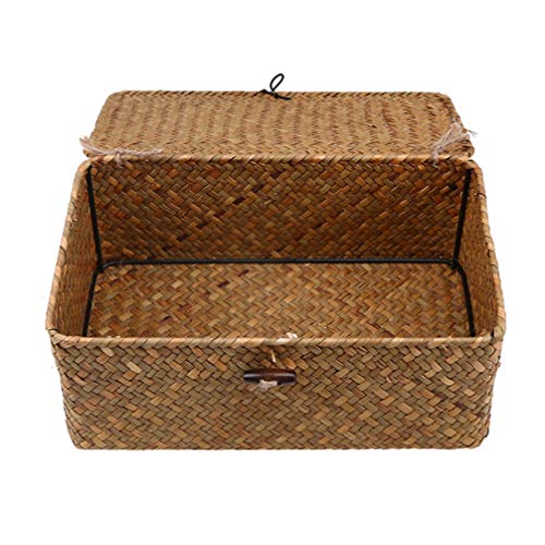 BESPORTBLE Storage Basket Basket with Lid, Seaweed Handwoven Woven Storage Box Desktop Sundries Storage Rattan Basket with Buttons 1Pc - Size S Baskets