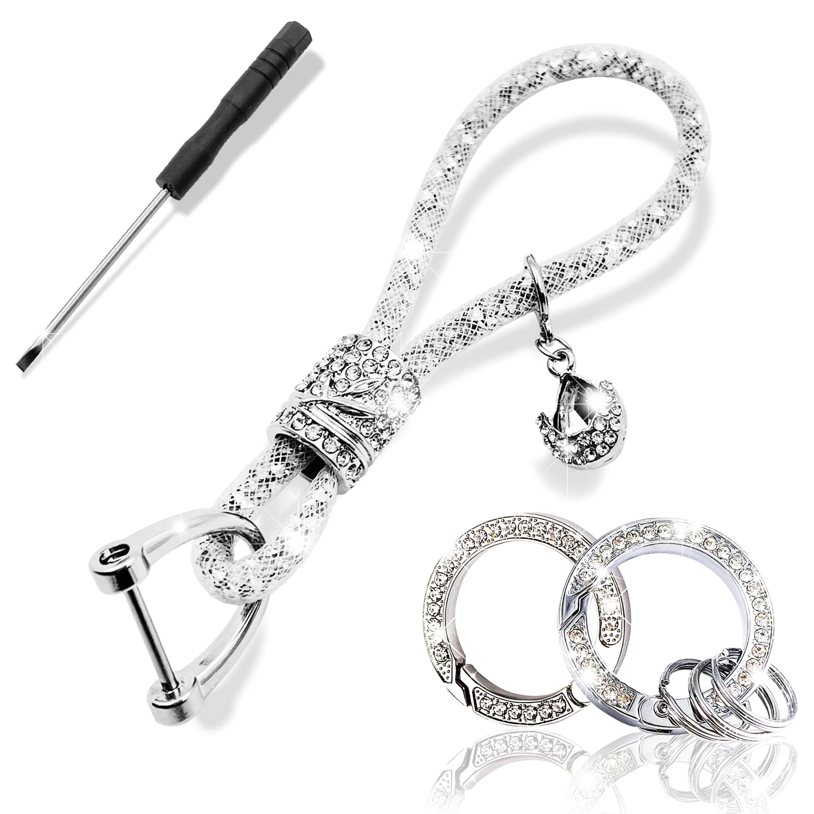 Crystal Car Keychain for Women, Fashion Keychain Accessories With Bling Rhinestones, Universal for Car Key (White)