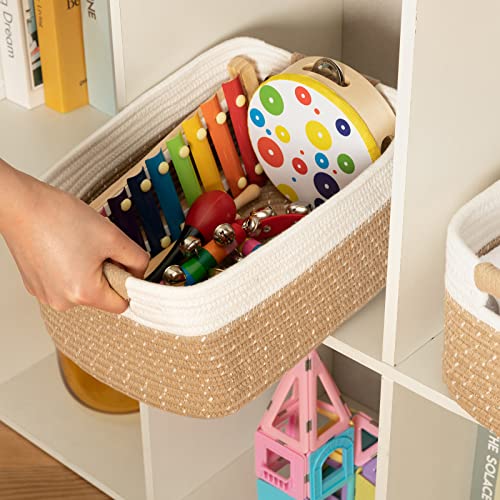 OIAHOMY 12.8x9x5.5in Woven Baskets for Storage, Storage Baskets for Shelves, Cotton Rope basket set of 3, Decorative Storage Baskets, Rectangle Basket With Handles, Brown and White